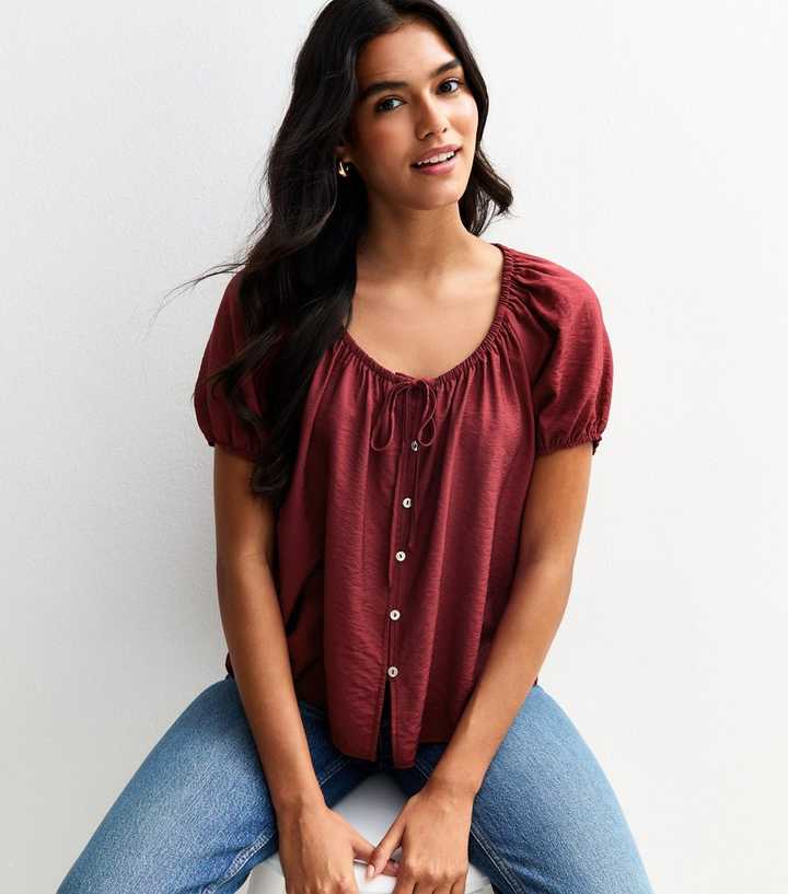 Burgundy Crinkle Buttoned Top | New Look