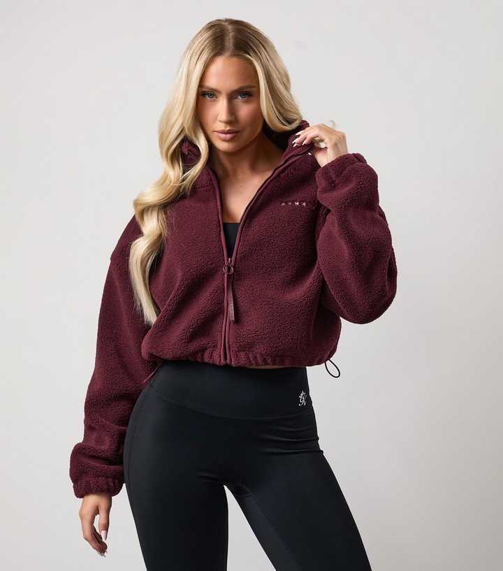 Gym King Burgundy Borg Cropped Zip Up Top | New Look