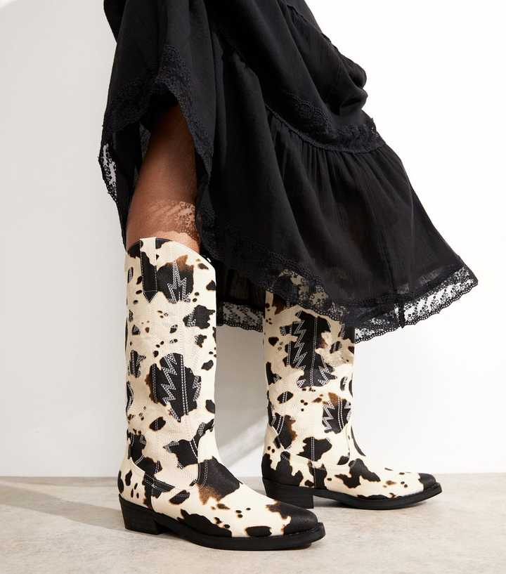 Public Desire White Cow Print Faux Leather Boots | New Look