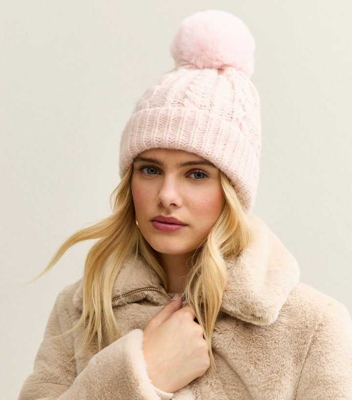 Light Pink Cable Knit Faux Fur Pom Pom Bobble Hat | New Look
