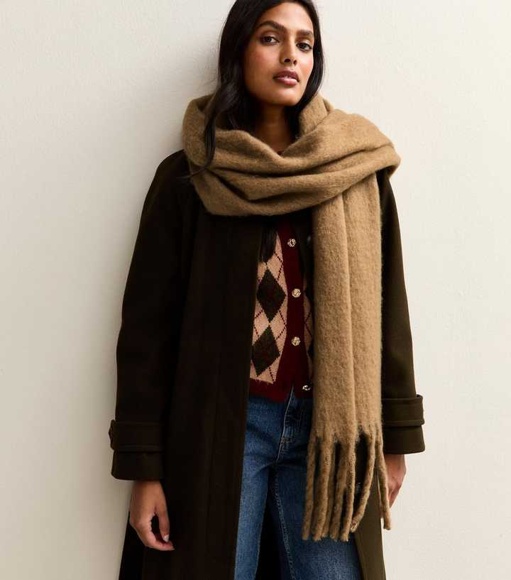 Camel Brushed Fringed Edge Heavyweight Scarf | New Look