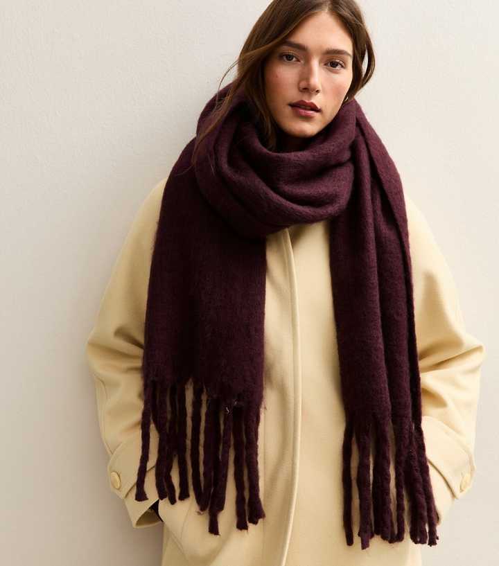 Dark Burgundy Brushed Fringed Edge Heavyweight Scarf | New Look