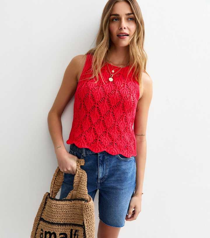 Bright Red Open Knit Vest Top | New Look