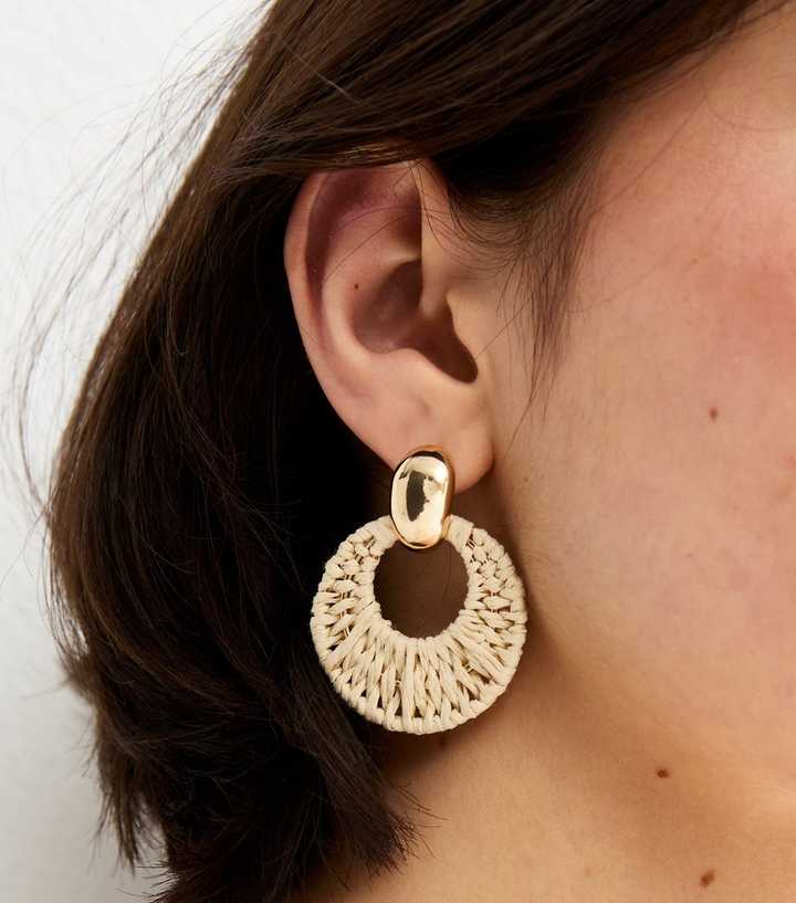 Gold Tone Cream Thread Wrap Doorknocker Earrings | New Look