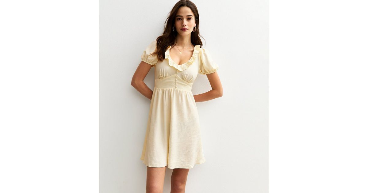 Cream Ruffle Trim Puff Sleeve Mini Dress | New Look
