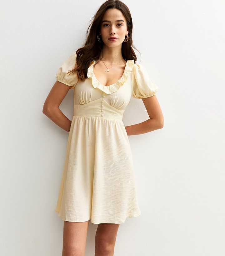 Cream Ruffle Trim Puff Sleeve Mini Dress | New Look