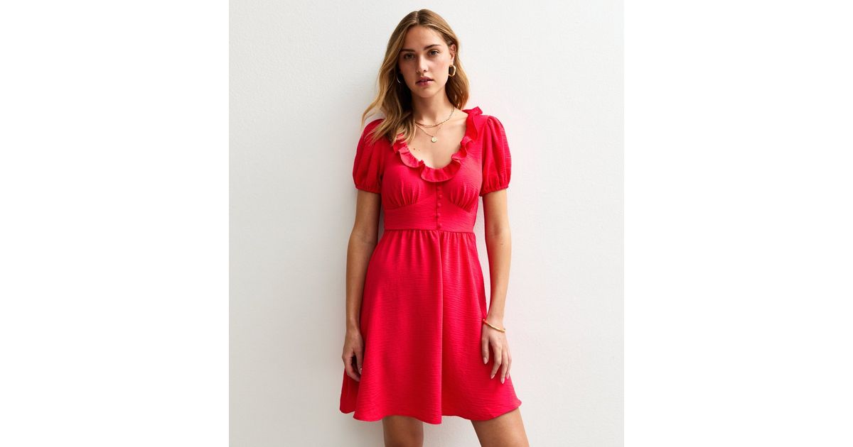 Red Ruffle Trim Puff Sleeve Mini Dress | New Look