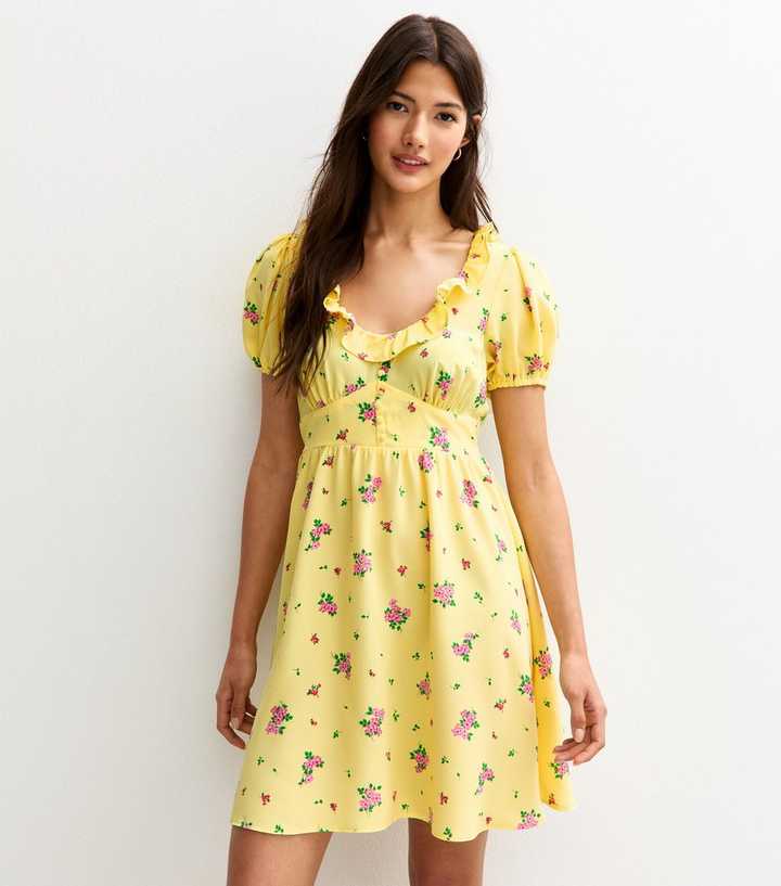 Yellow Ditsy Print Ruffle Trim Faux Button Mini Dress | New Look