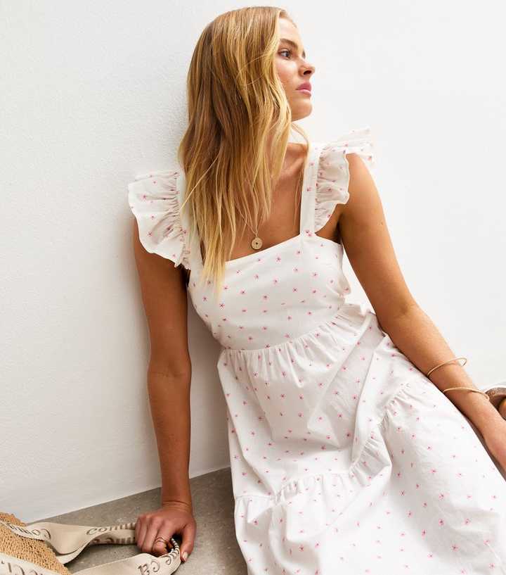 White Floral Print Tie Back Tiered Midi Dress | New Look