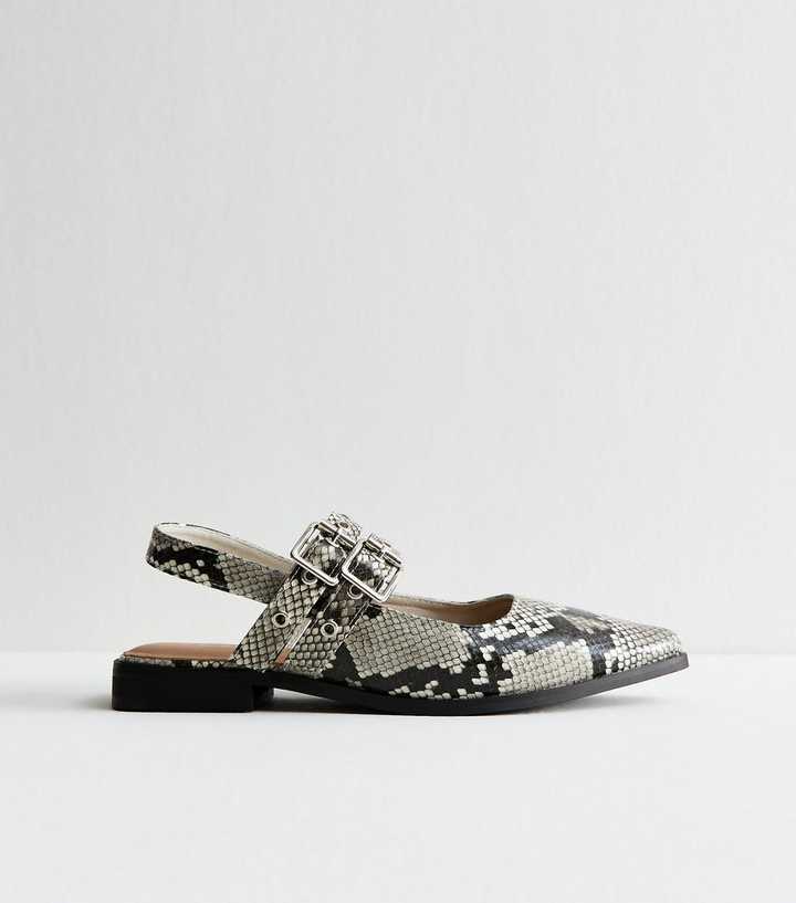 Snake Print Faux Leather Eyelet Strap Mary Jane Flats | New Look