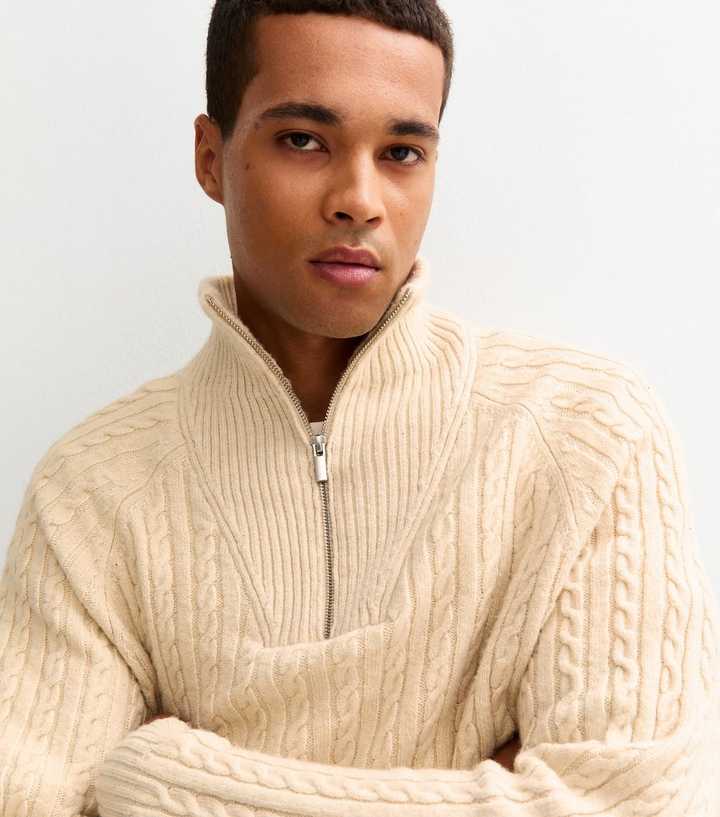 Oatmeal Long Sleeve Cable Knit Quarter Zip Funnel Neck Jumper | New Look