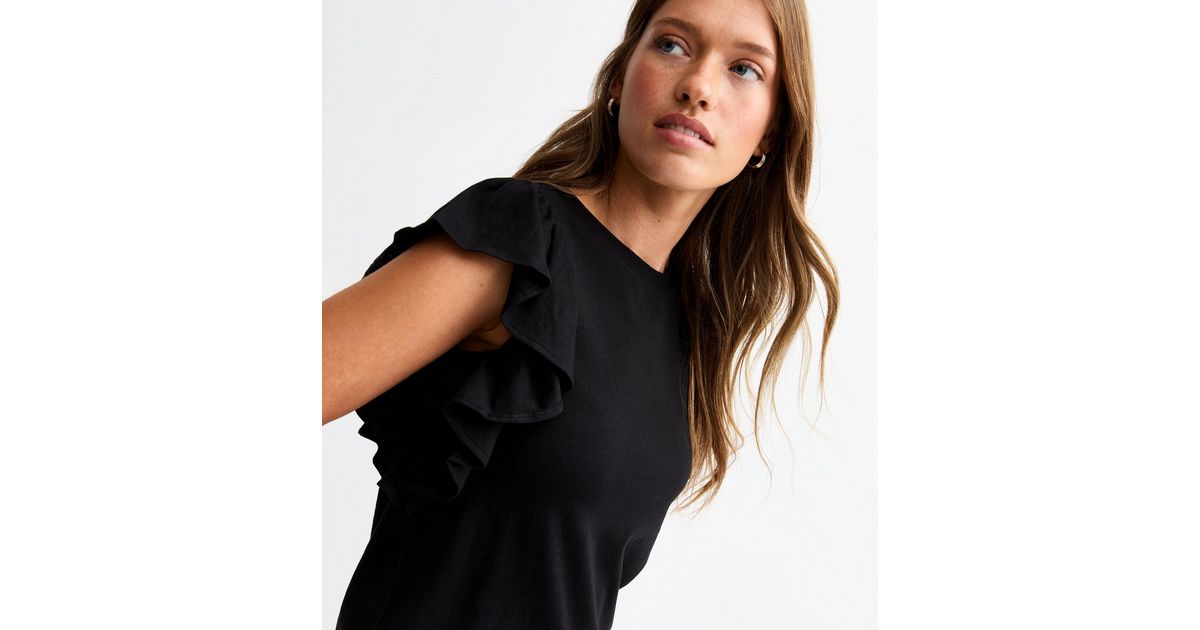 Black Ruffled Sleeve Jersey Top | New Look