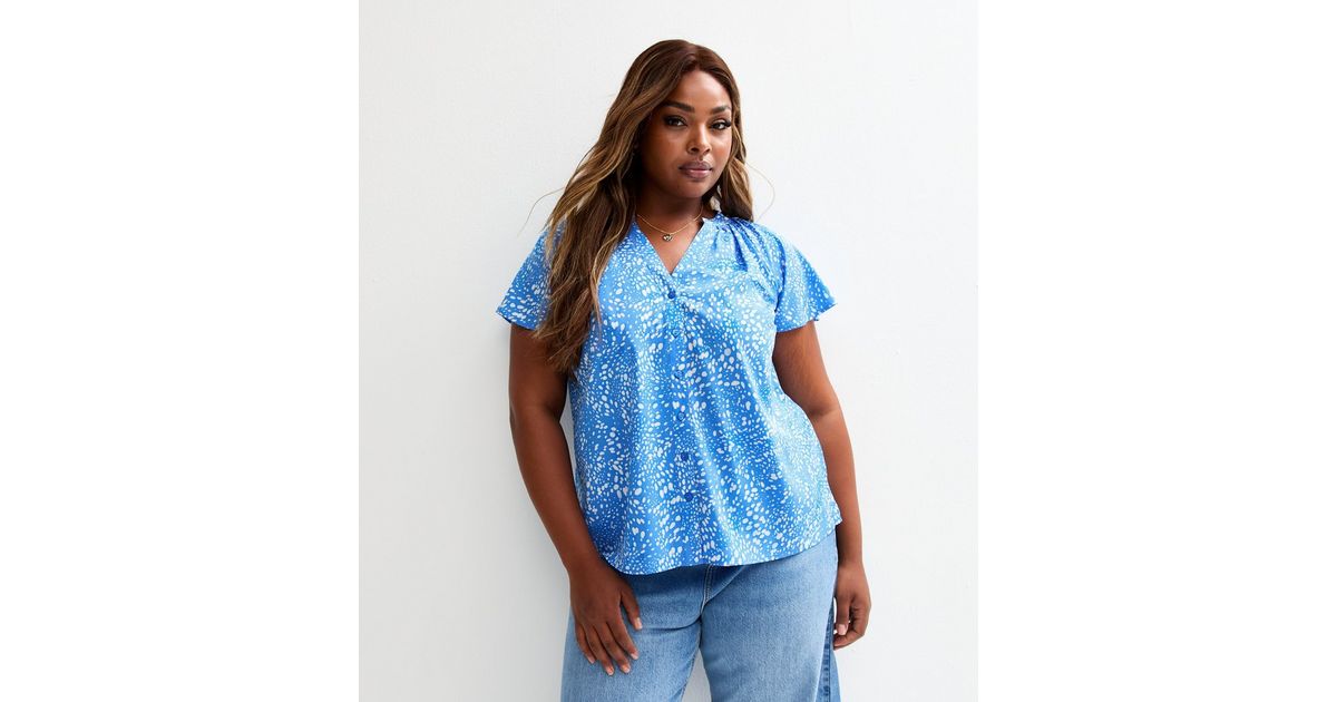 Curves Bright Blue Pattern Print Button Up Top | New Look