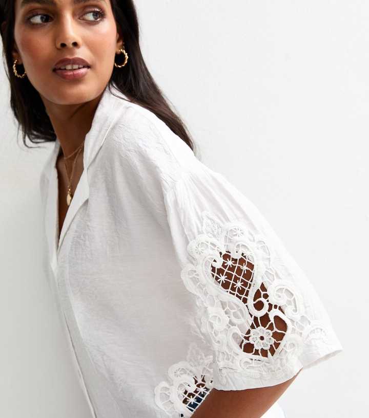 White Lace Insert Short Sleeve Blouse | New Look