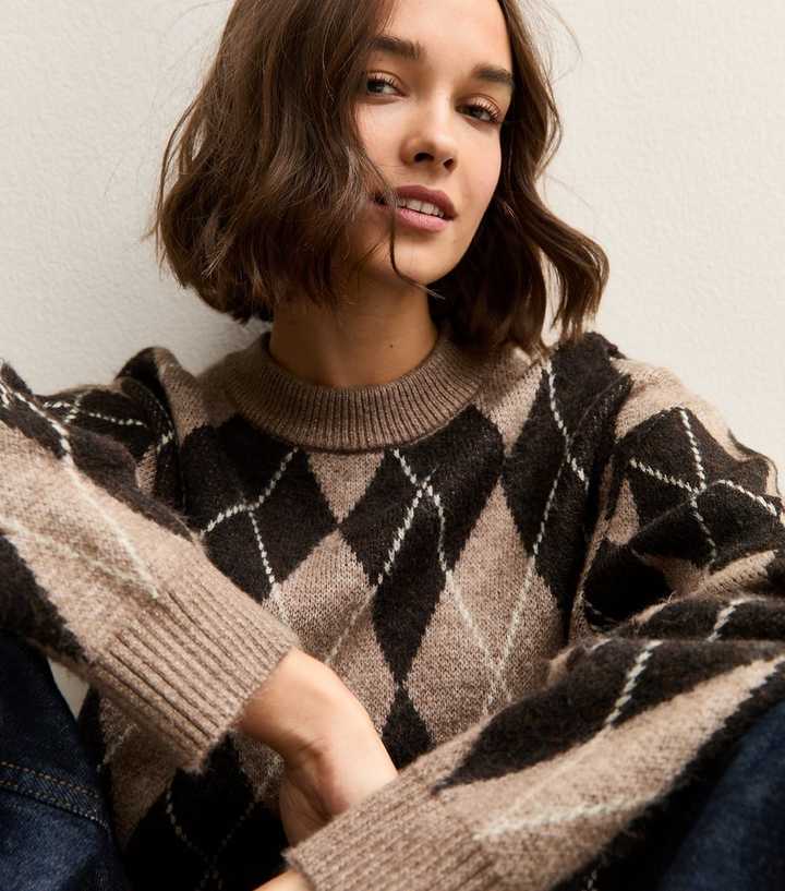 Brown Argyle Crew Neck Midweight Knit Jumper | New Look