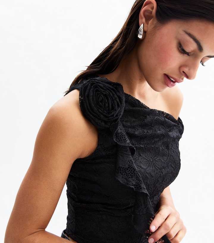 Black Lace Corsage Frilly Trim Off The Shoulder Top | New Look