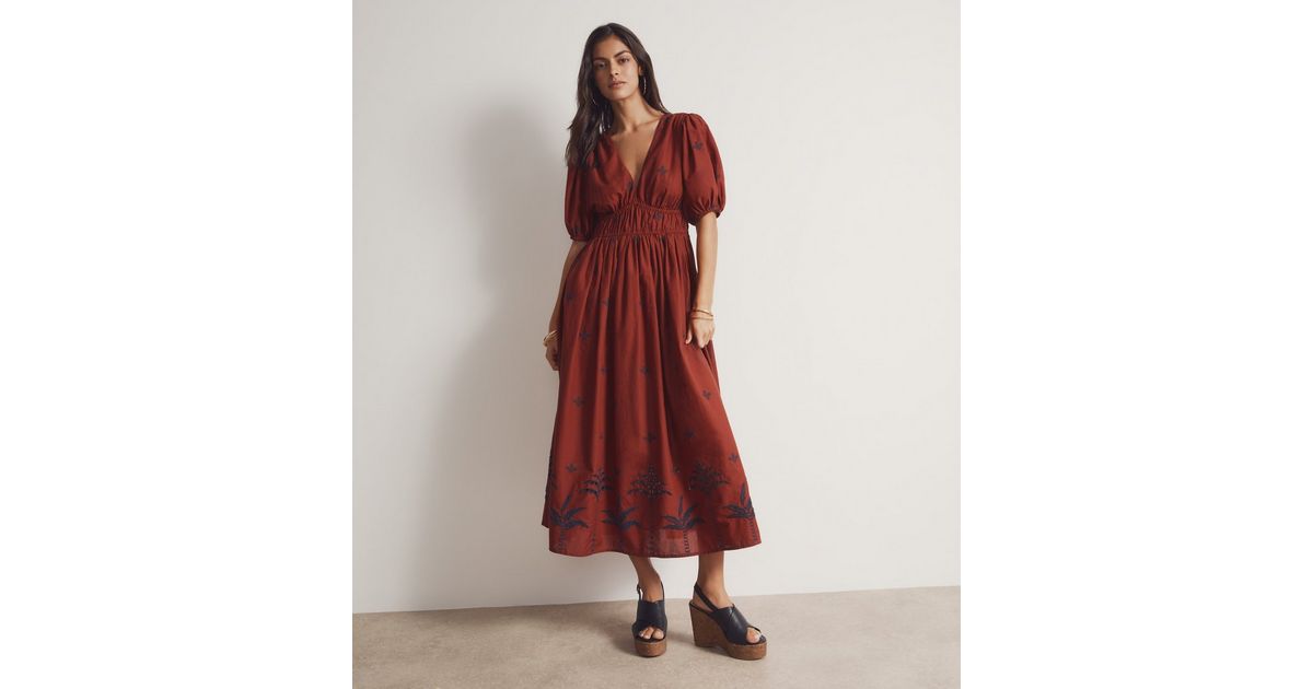 Rust Palm Embroidered Midi Dress | New Look