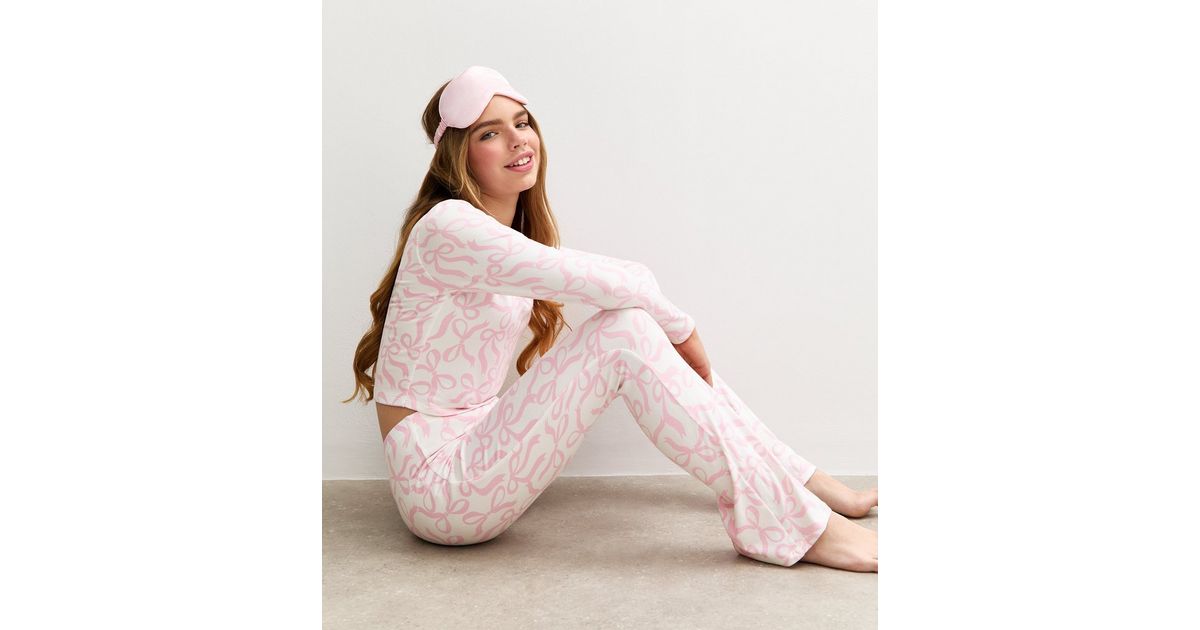 Girls Pink Bow Print Ribbed Pyjama Set | New Look