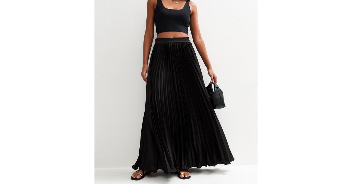 Gini London Black Satin Pleated Maxi Skirt | New Look