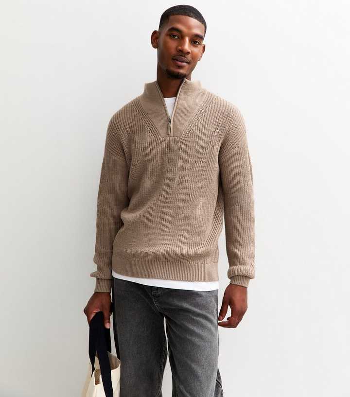 Mink Regular Quarter Zip Funnel Neck Jumper | New Look
