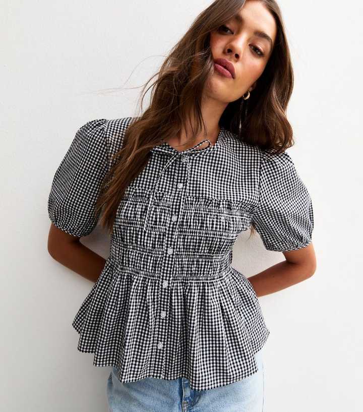 Black Gingham Check Button Front Top | New Look