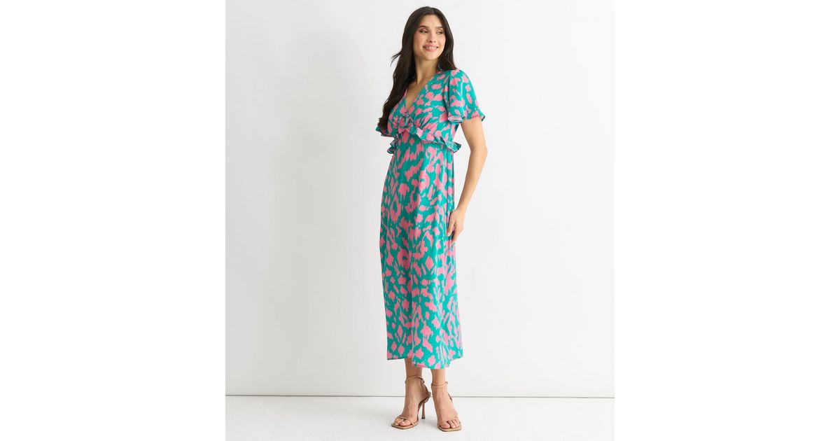 Gini London Green Animal Print Ruffled Midi Dress | New Look