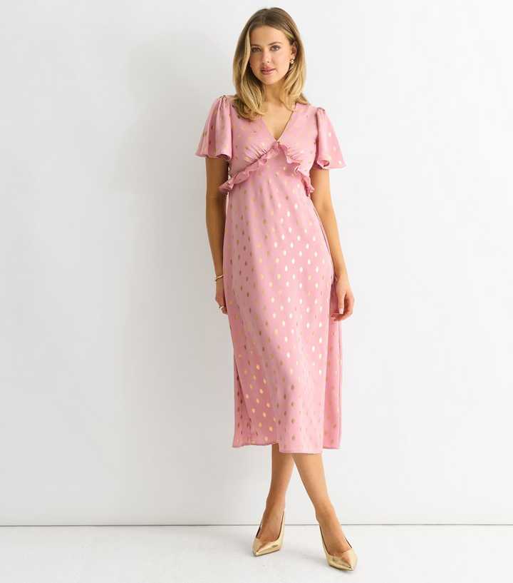 Gini London Pink Foil V Neck Midi Dress | New Look