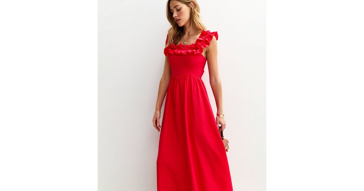 Bright Red Square Neck Ruffled Bow Tie Back Midi Dress | New Look