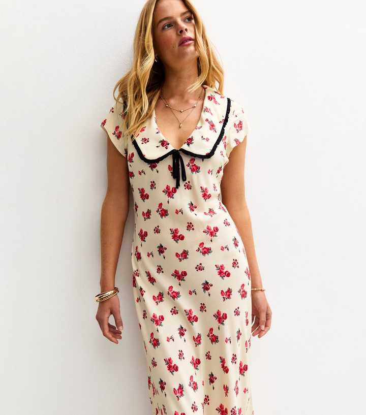 White Floral Print Collared Midi Dress | New Look