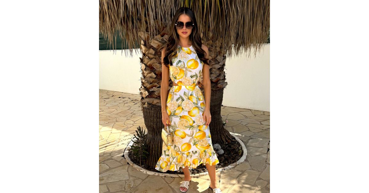 AX Paris Yellow Lemon Print Cut Out Waist Frill Hem Midi Dress | New Look