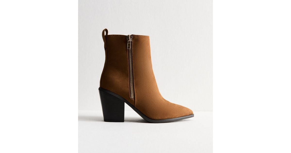 Wide Fit Tan Faux Suede Side Zip Heeled Ankle Boots | New Look