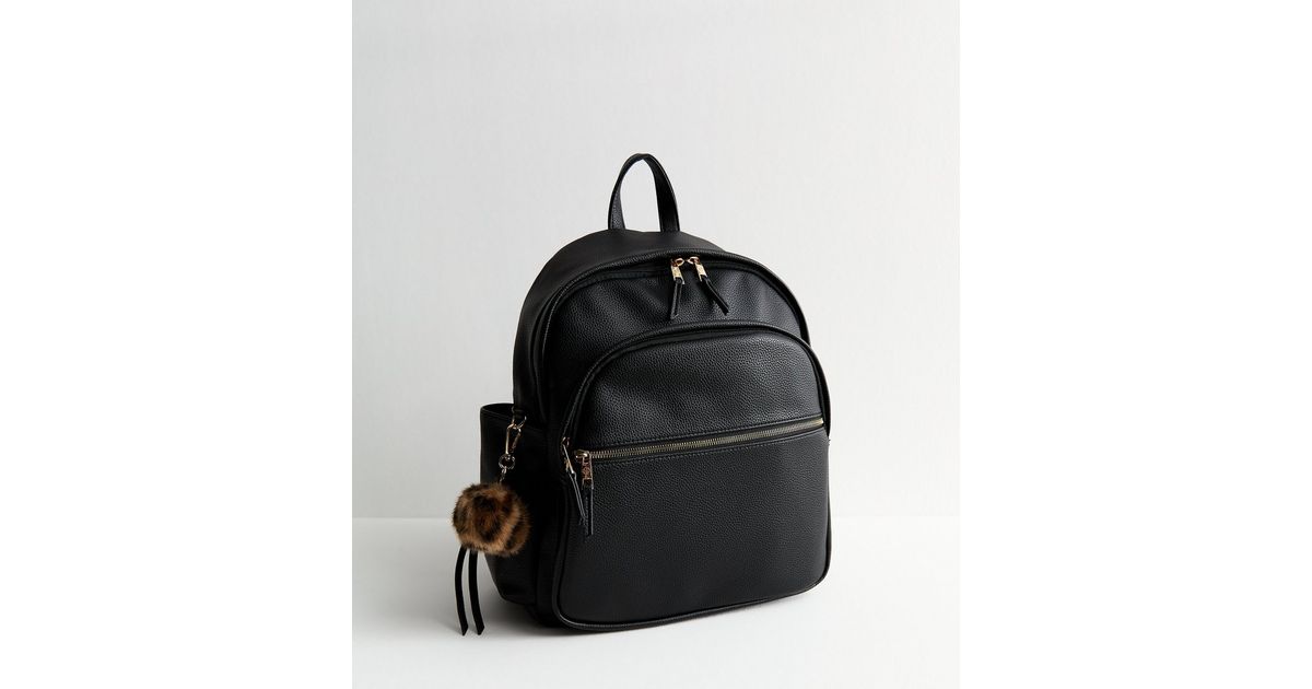 Black Faux Leather Pom Pom Charm Backpack | New Look