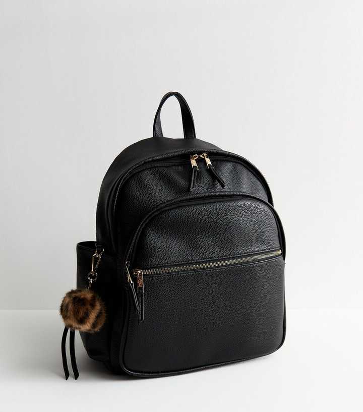 Black Faux Leather Pom Pom Charm Backpack | New Look