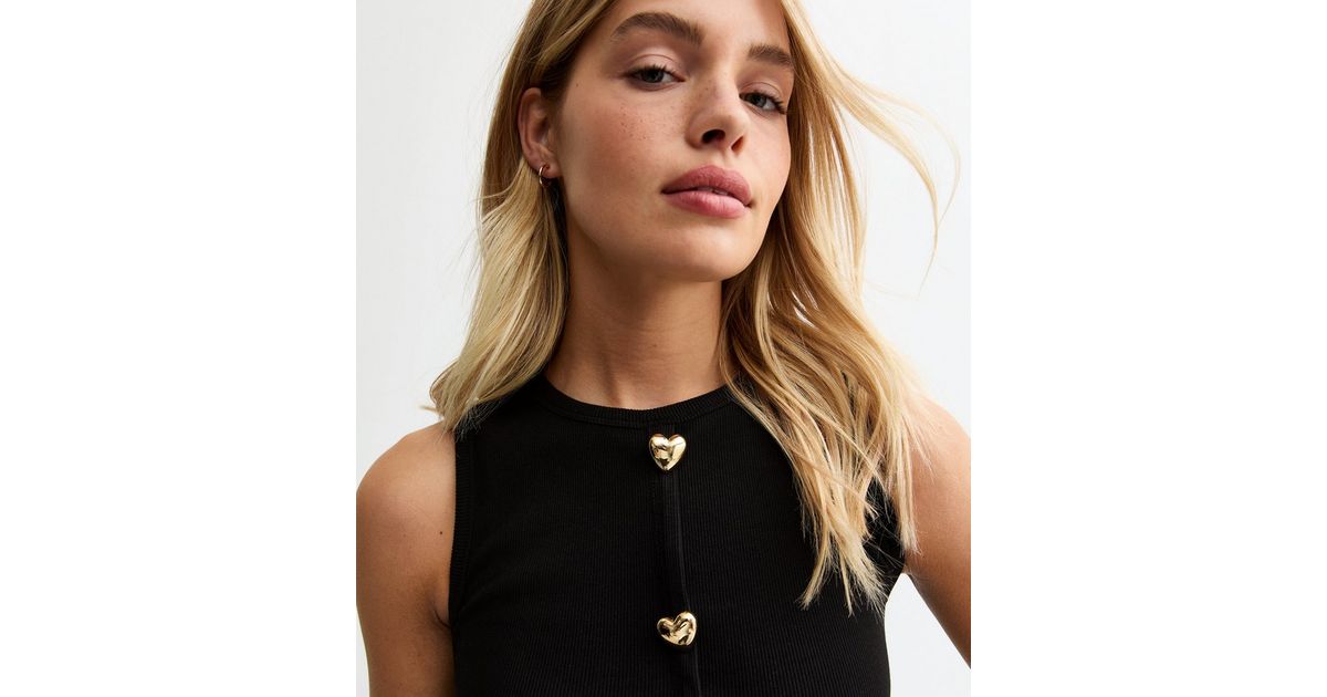 Black Heart Button Ribbed Vest | New Look