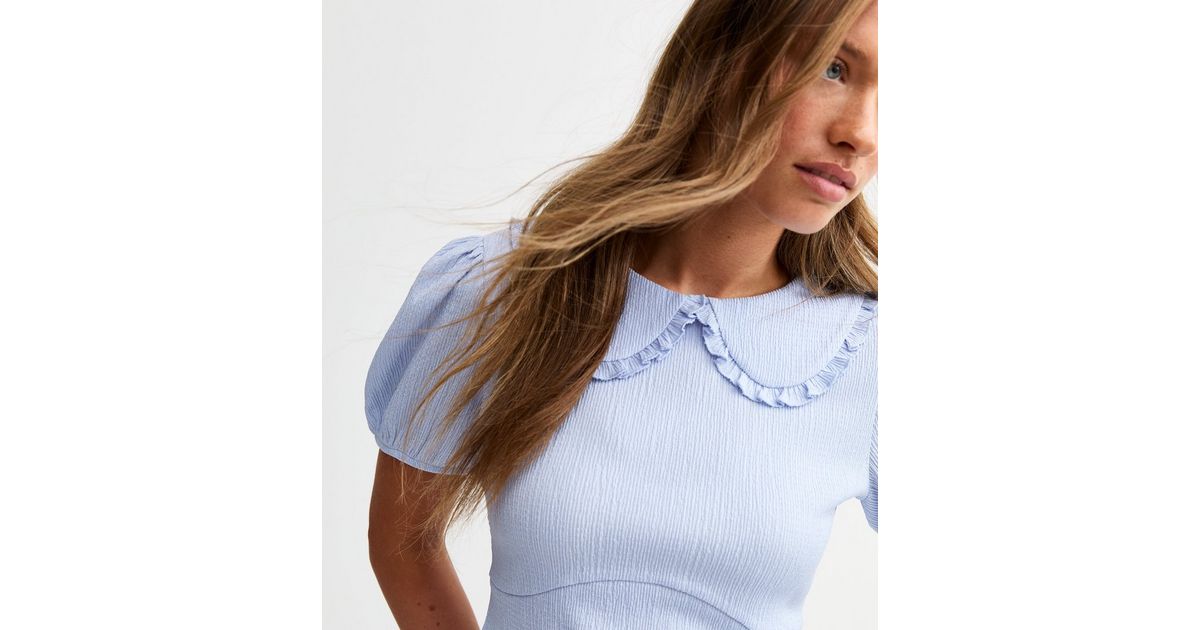Light Blue Frill Collar Textured Top | New Look