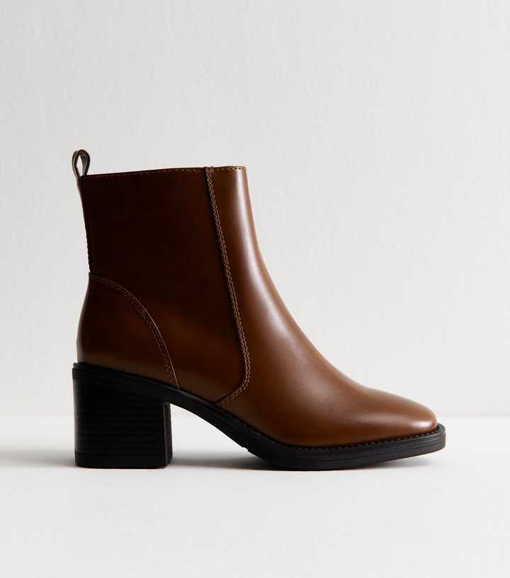 Brown Faux Leather Block Heel Ankle Boots | New Look