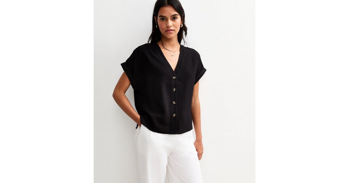 Black Button Through Short Sleeve Top | New Look