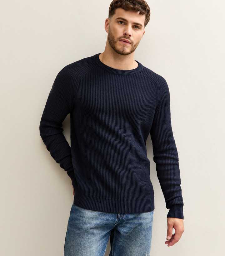 Jack & Jones Navy Blue Rib Knit Crew Neck Jumper | New Look