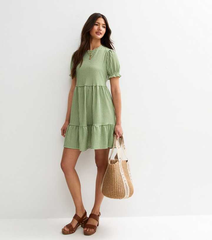 Green Gingham Check Puff Sleeve Dress | New Look