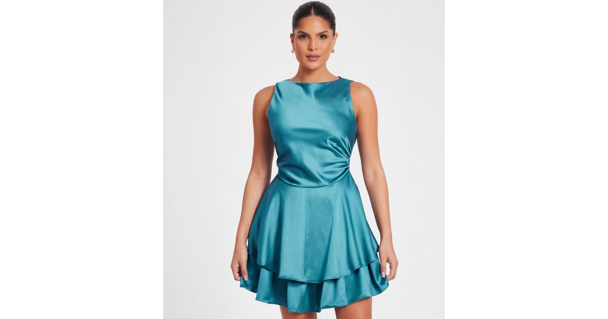QUIZ Teal Satin Layered Mini Skater Dress | New Look