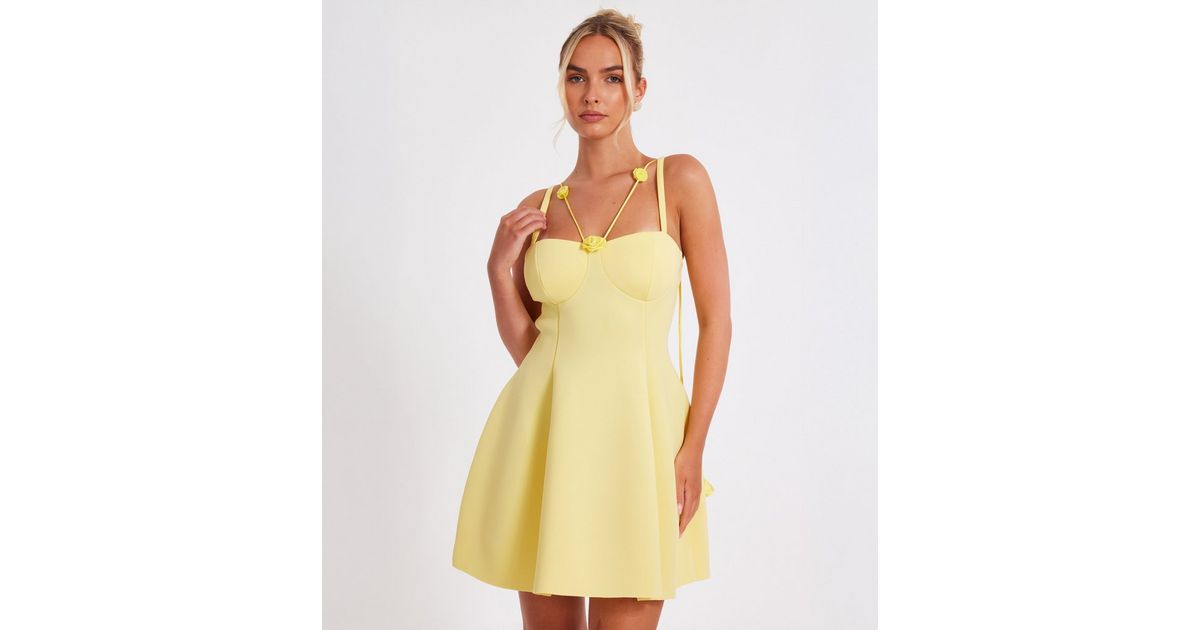QUIZ Yellow Floral Trim Mini Dress | New Look