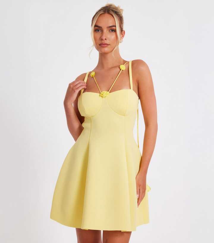 QUIZ Yellow Floral Trim Mini Dress | New Look