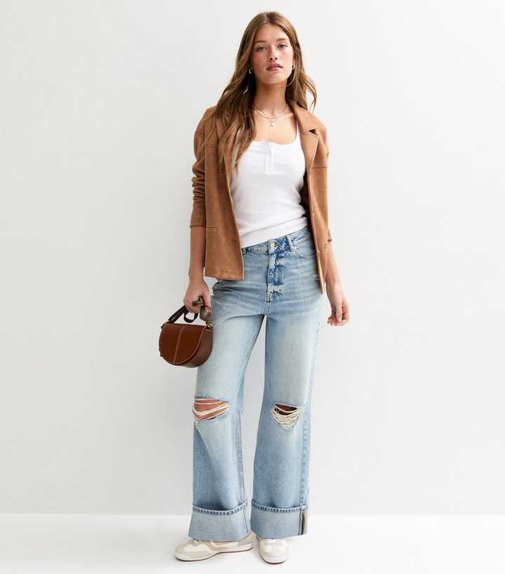 Light Blue Ripped Knee Wide Leg Turn Up Jeans | New Look