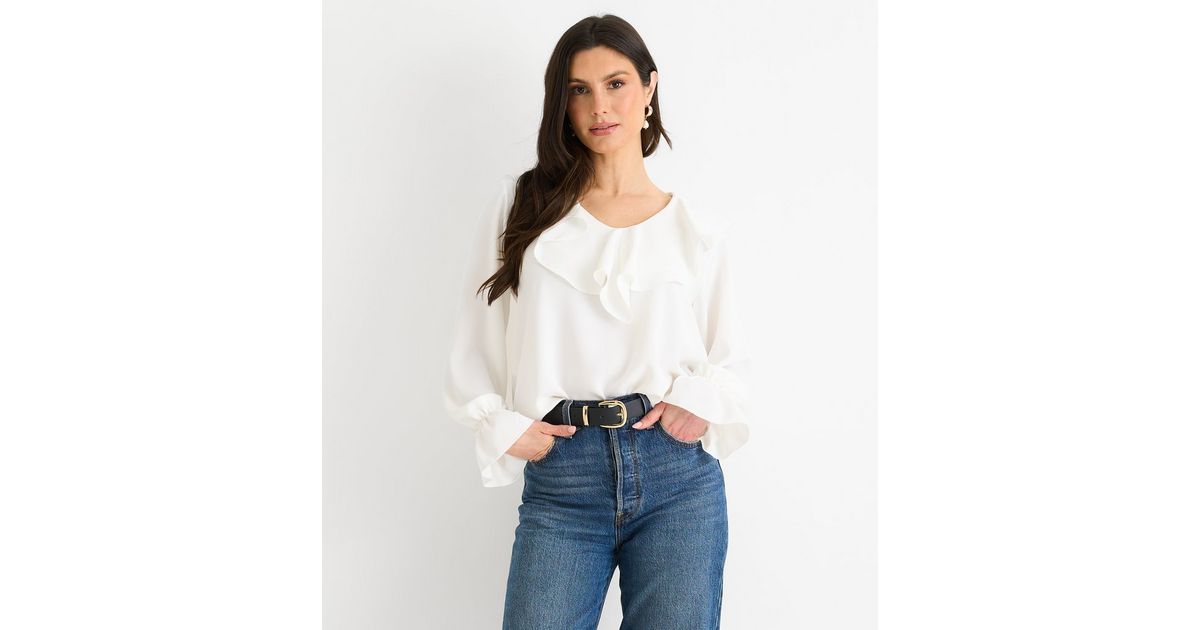 Gini London White Wide Frill Loose Fit Blouse | New Look