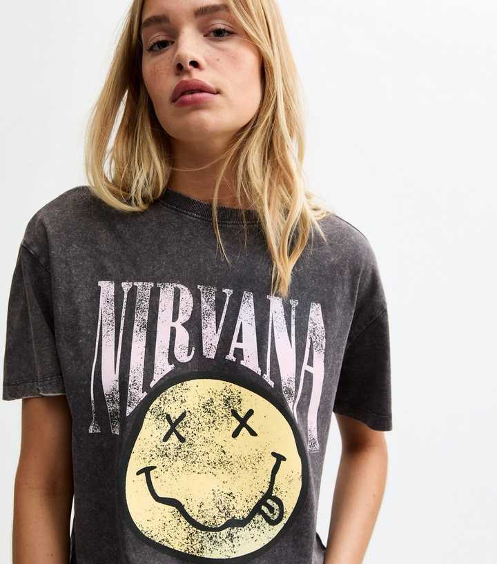 Dark Grey Acid Wash Nirvana Print Oversized T-Shirt | New Look