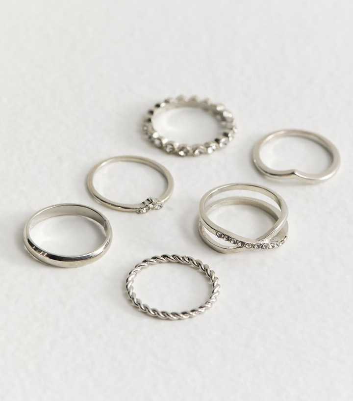 Silver Tone Pack of 6 Diamante Embellished Rings | New Look