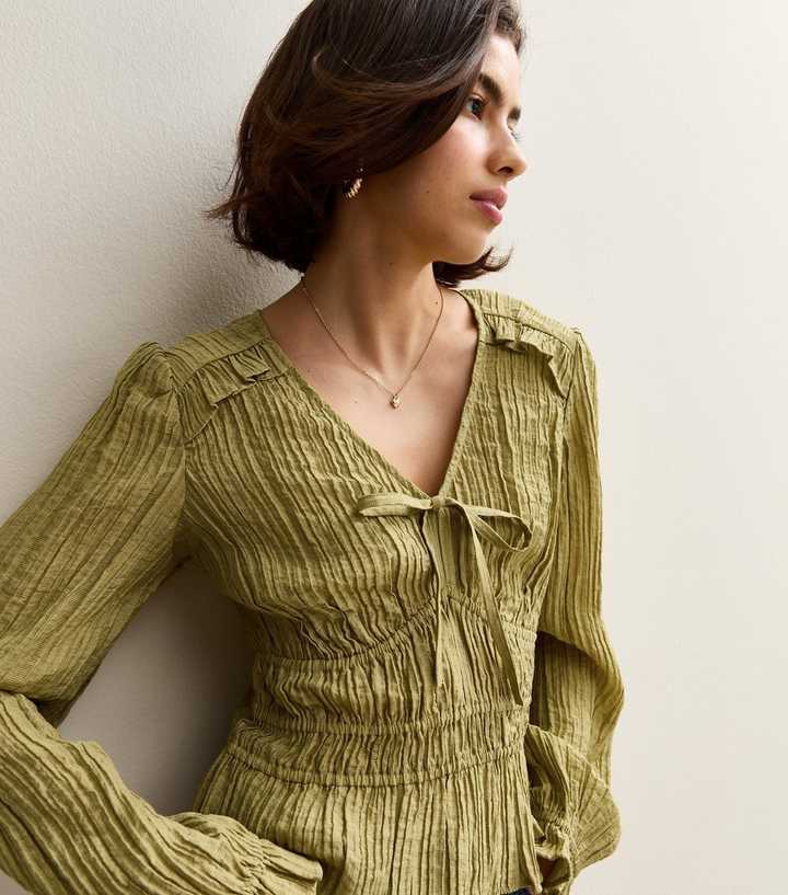 Green Textured V-Neck Top | New Look