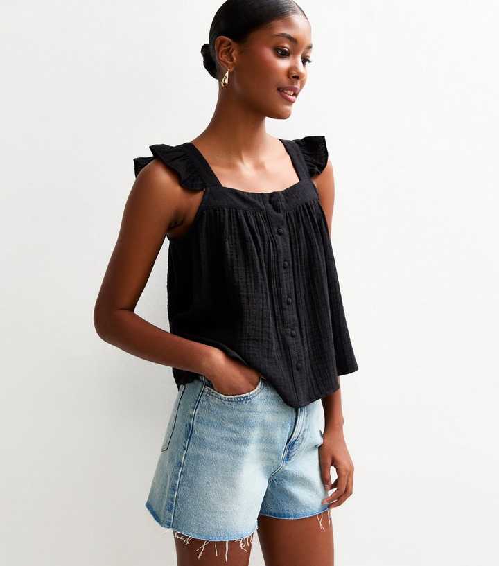 Black Frilly Sleeve Button Up Top | New Look