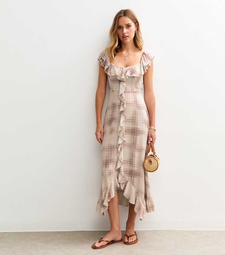 Cream Checked Ruffle Trim Midi Dress | New Look