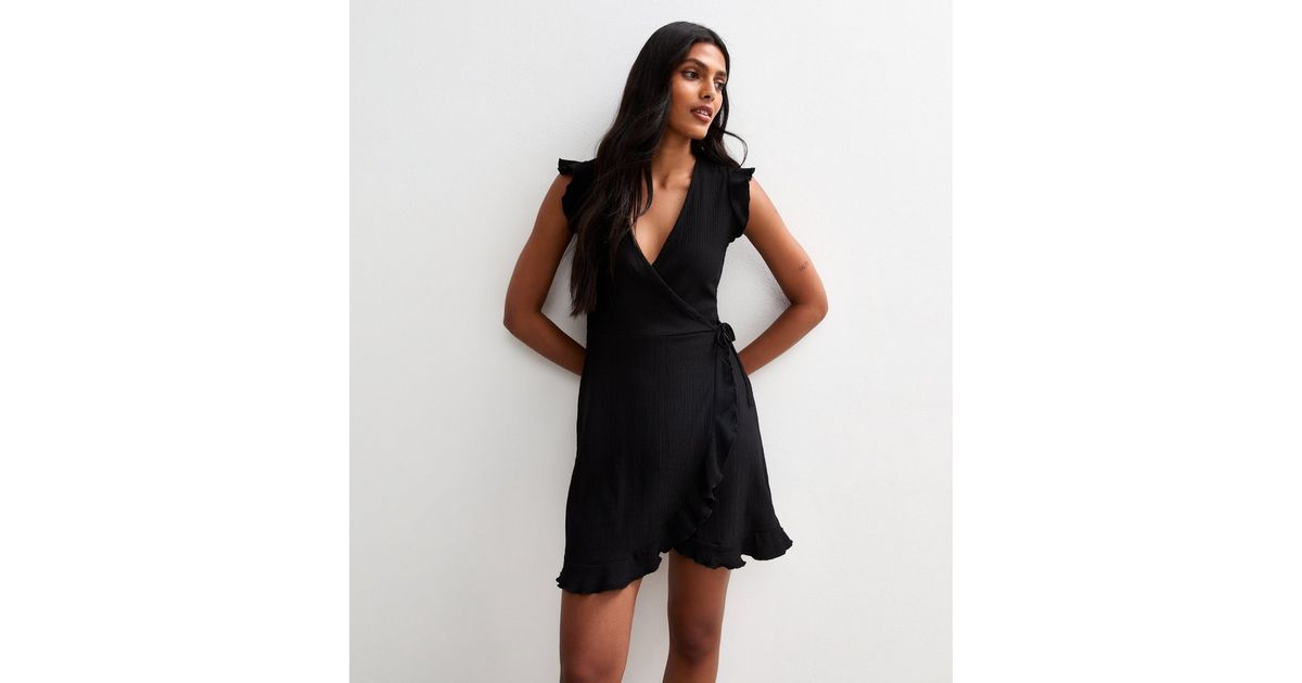 Black Crinkled Frilly Trim Wrap Mini Dress | New Look